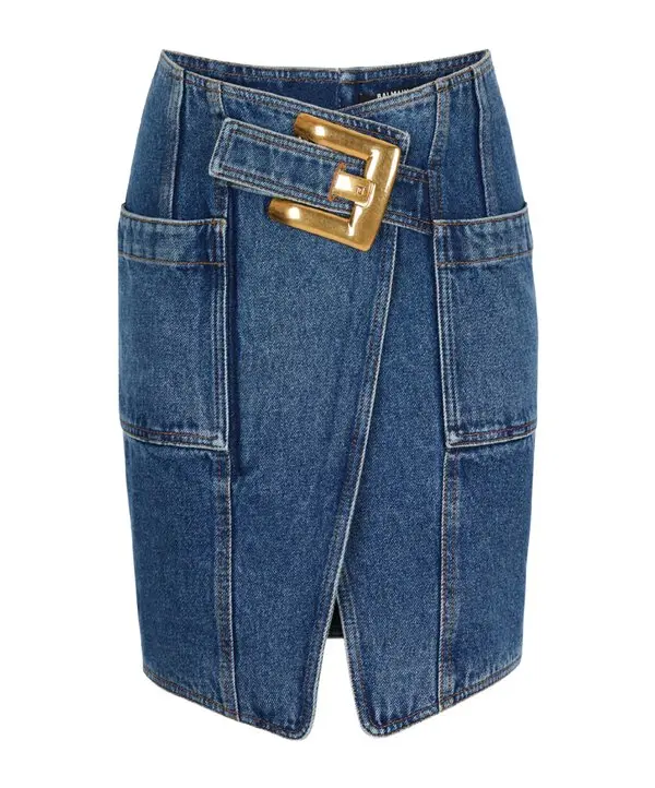 Balmain Belted Denim Mini Skirt - Blue