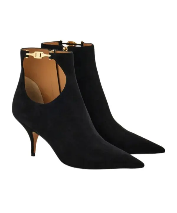 FERRAGAMO Cutout Ankle Boot With Gold Tone Buckle - Black