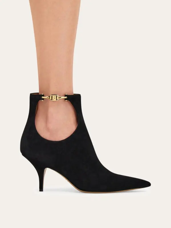 FERRAGAMO Cutout Ankle Boot With Gold Tone Buckle - Black
