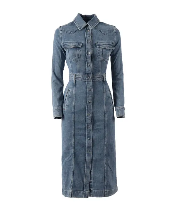 7 For All Mankind Button-up Denim Midi Dress With Classic Collar And Snap Cuffs