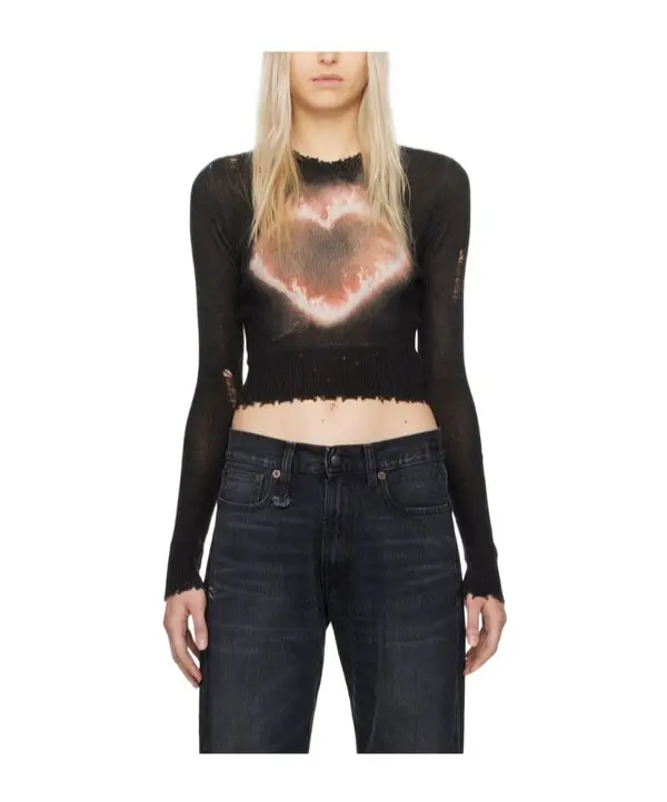R13 Distressed Heart Print Long Sleeve Sweater