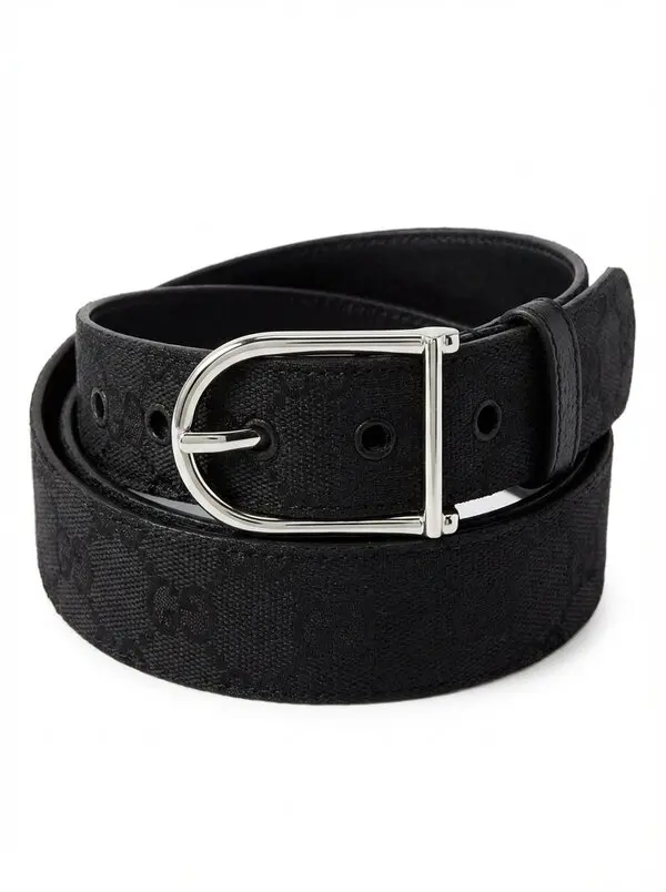 Gucci Belt With Rounded Buckle And Monogrammed Canvas - Black