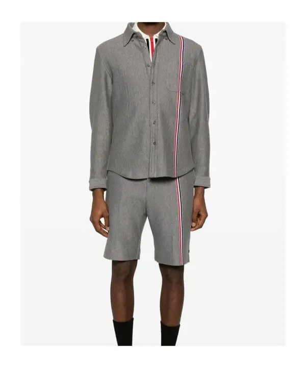 Thom Browne Grey Buttoned Jacket With Striped Detail