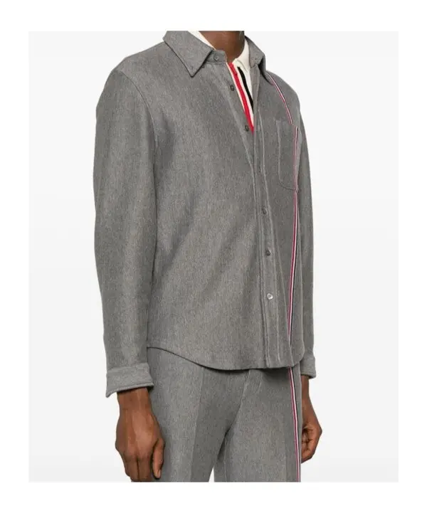 Thom Browne Grey Buttoned Jacket With Striped Detail
