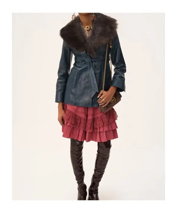 Chloé Leather Tie-waisted Coat With Fur Collar
