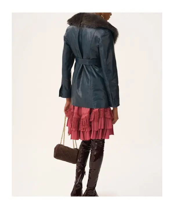 Chloé Leather Tie-waisted Coat With Fur Collar