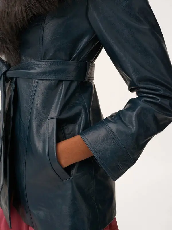 Chloé Leather Tie-waisted Coat With Fur Collar