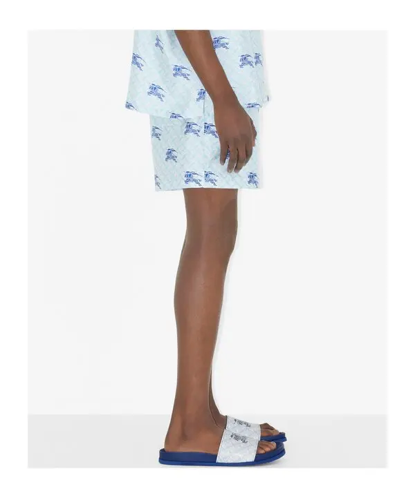 Burberry Silk Twill Knee-length Shorts With Monogram And Equestrian Knight Print - White