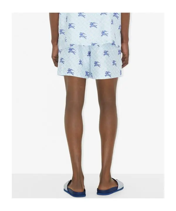 Burberry Silk Twill Knee-length Shorts With Monogram And Equestrian Knight Print - White