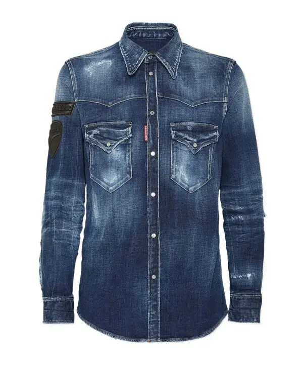 Dsquared2 X Ducati Denim Fashion Distressed Western Shirt - Blue
