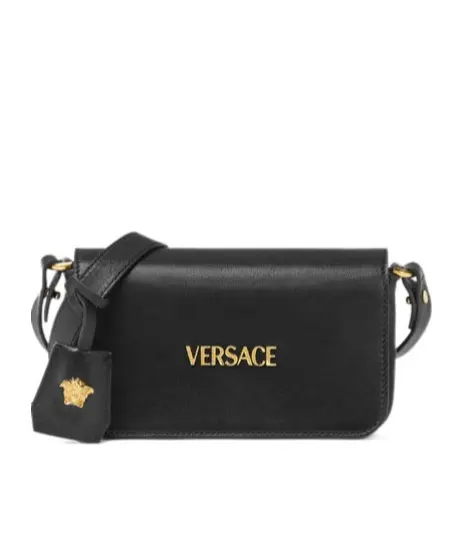 Versace Logo Plaque Foldover Top Shoulder Bag - Black/gold