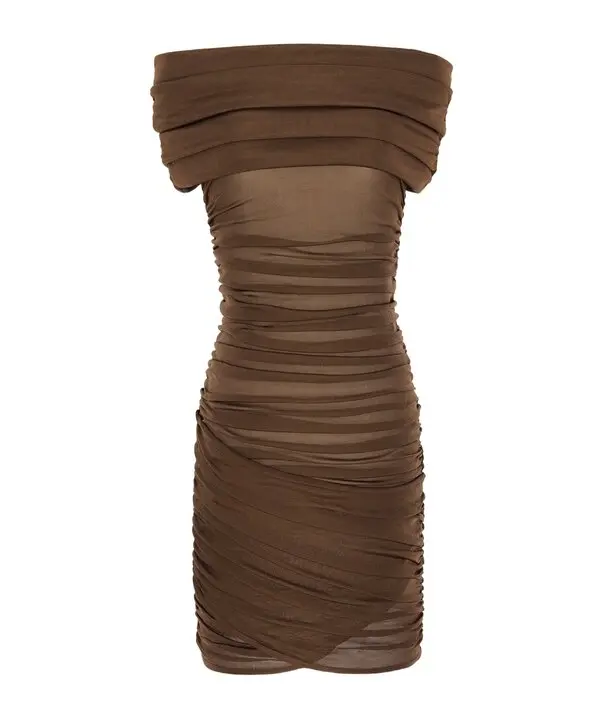 Saint Laurent Off-the-shoulder Ruched Dress In Knit - Brown