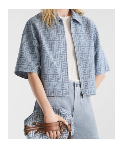 Fendi Ff Chambray Zipped Cropped Jacket - Blue