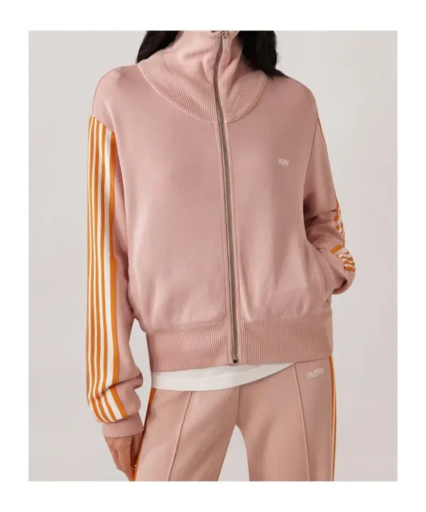 AUTRY Knitted Tennis Zip Jacket With Striped Sleeves - Pink