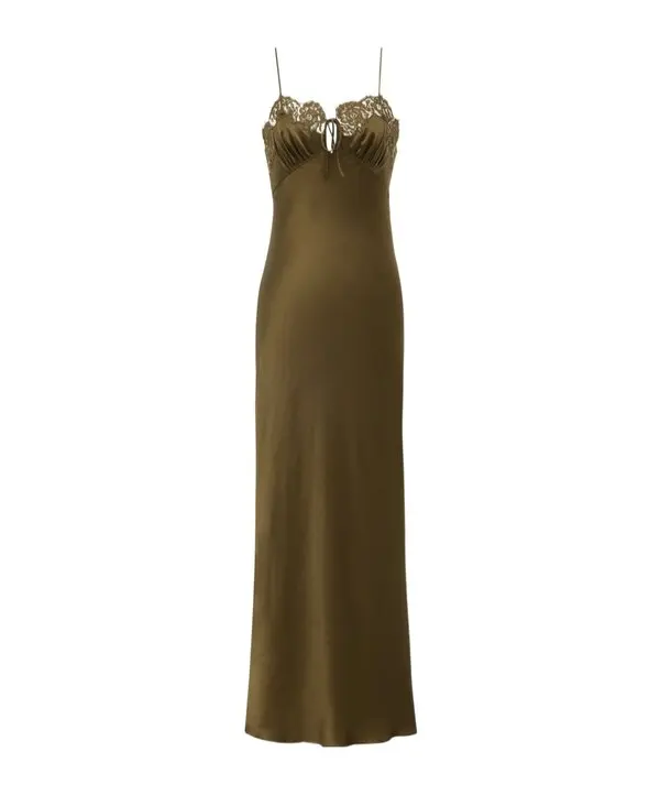 Saint Laurent Slip Dress In Silk Satin And Lace - Green