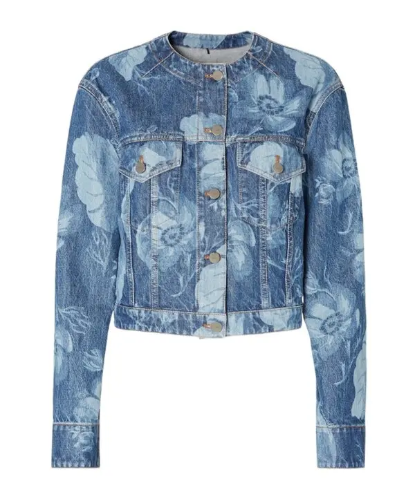 Fendi Floral Printed Cropped Crewneck Denim Jacket - Blue