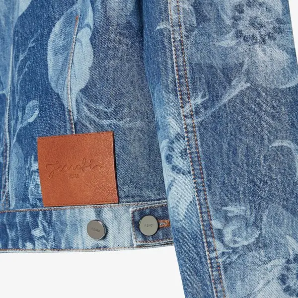 Fendi Floral Printed Cropped Crewneck Denim Jacket
