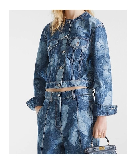 Fendi Floral Printed Cropped Crewneck Denim Jacket