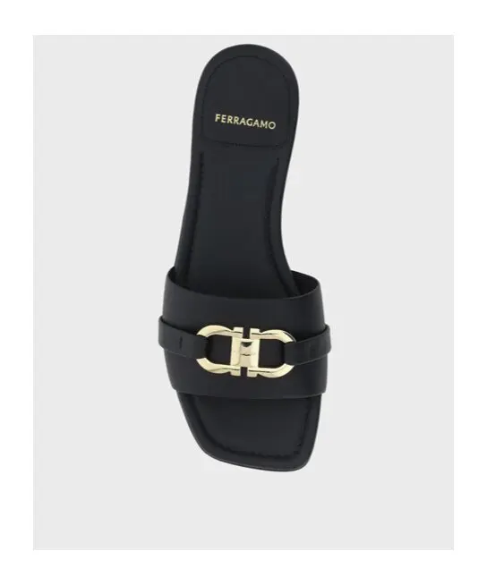 FERRAGAMO Metal Finish Flat Sandals - Black