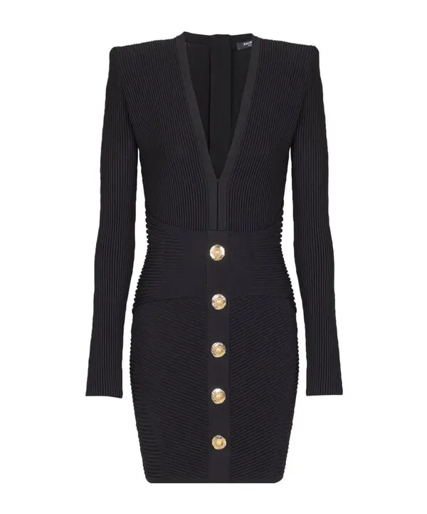Balmain Ribbed Long-sleeved V-neck Dress With Gold Coin Buttons