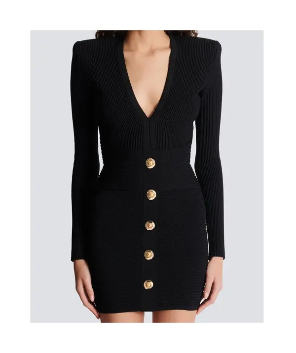 Balmain Ribbed Long-sleeved V-neck Dress With Gold Coin Buttons