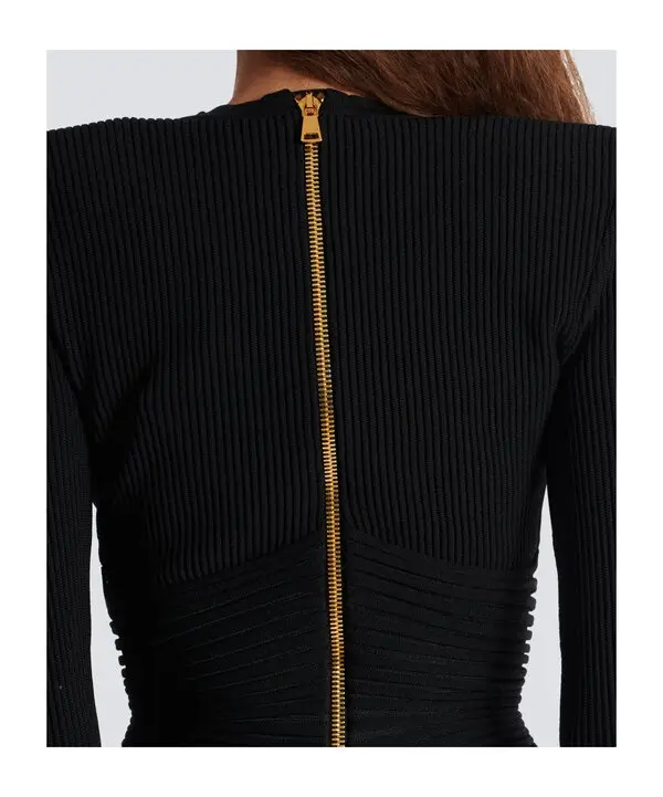 Balmain Ribbed Long-sleeved V-neck Dress With Gold Coin Buttons