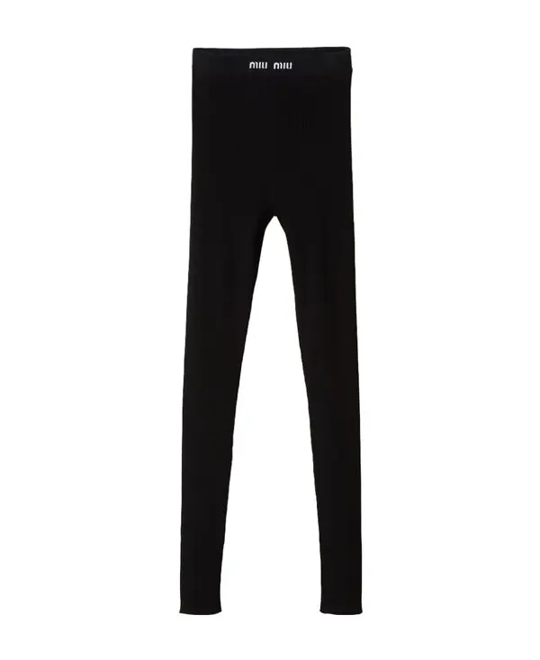 Miu Miu High Waist Ribbed Leggings With Logo Band
