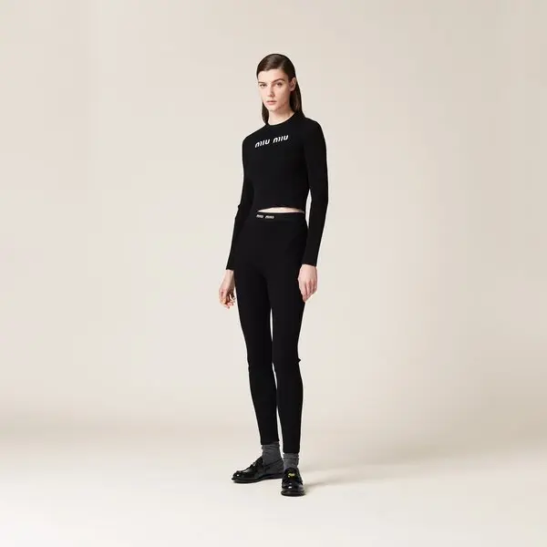 Miu Miu High Waist Ribbed Leggings With Logo Band