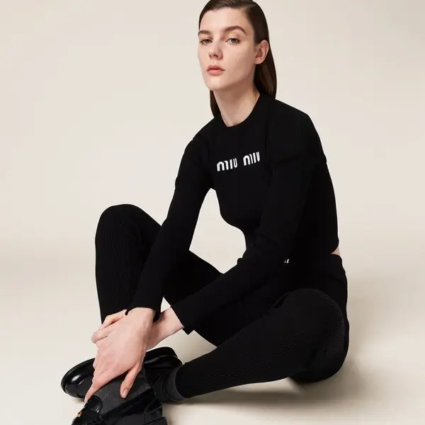 Miu Miu High Waist Ribbed Leggings With Logo Band