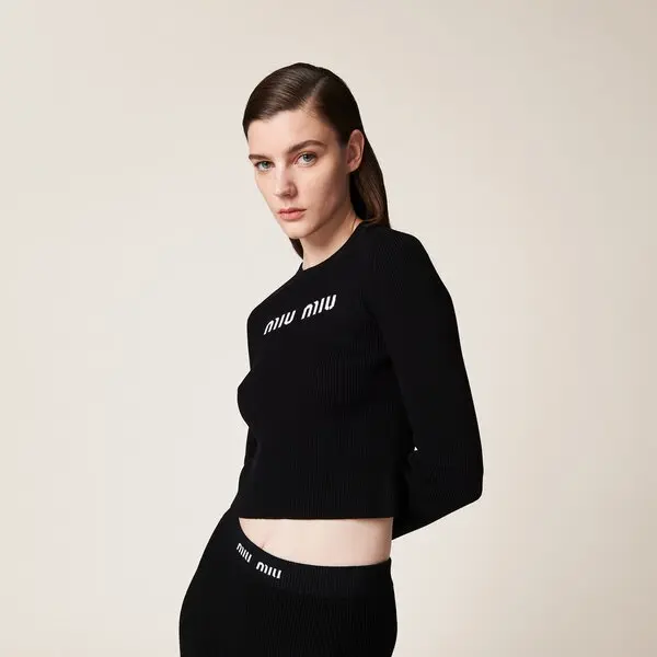 Miu Miu High Waist Ribbed Leggings With Logo Band