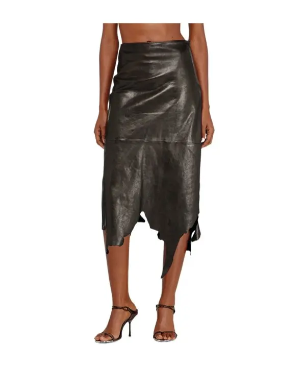 DIESEL® Leather Midi Skirt With Jagged Hem - Black