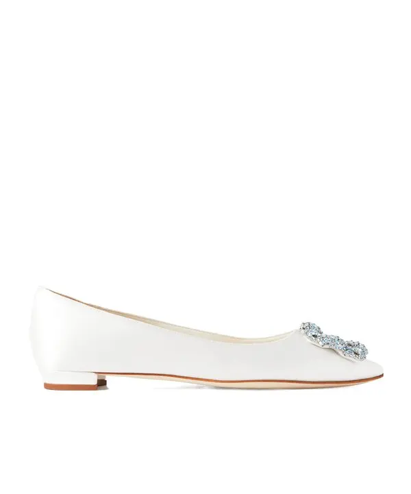 Manolo Blahnik Crystal Embellished Pointed Toe Flats - White