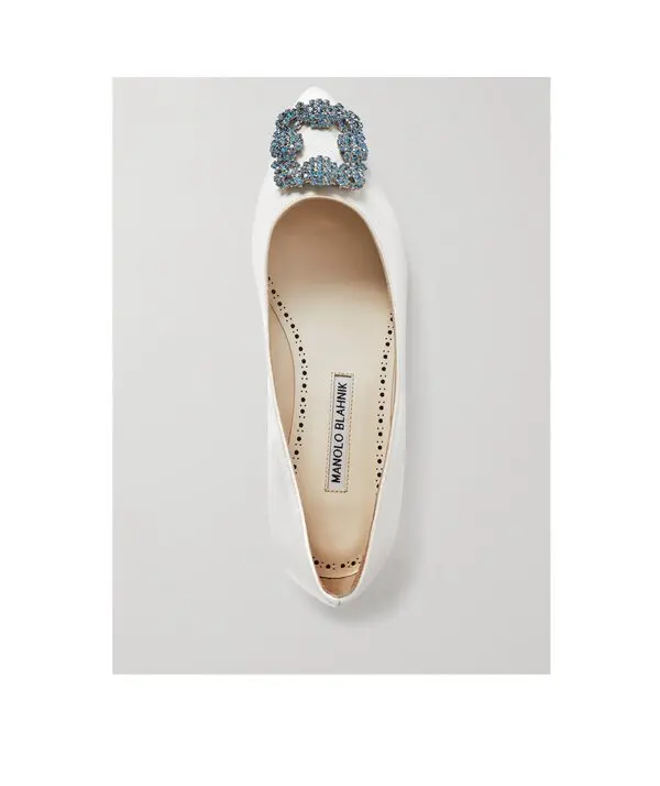 Manolo Blahnik Crystal Embellished Pointed Toe Flats - White