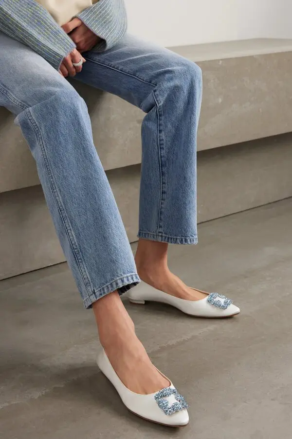 Manolo Blahnik Crystal Embellished Pointed Toe Flats - White