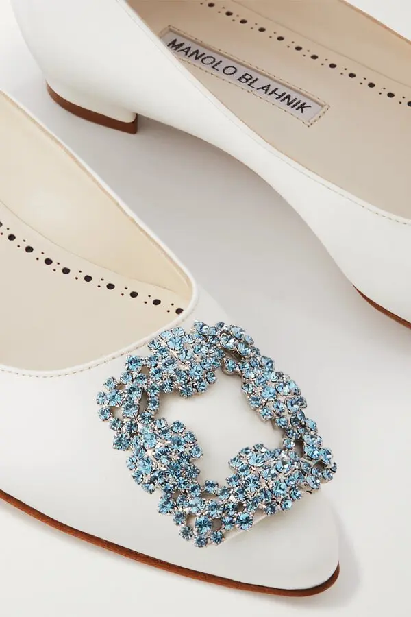 Manolo Blahnik Crystal Embellished Pointed Toe Flats - White