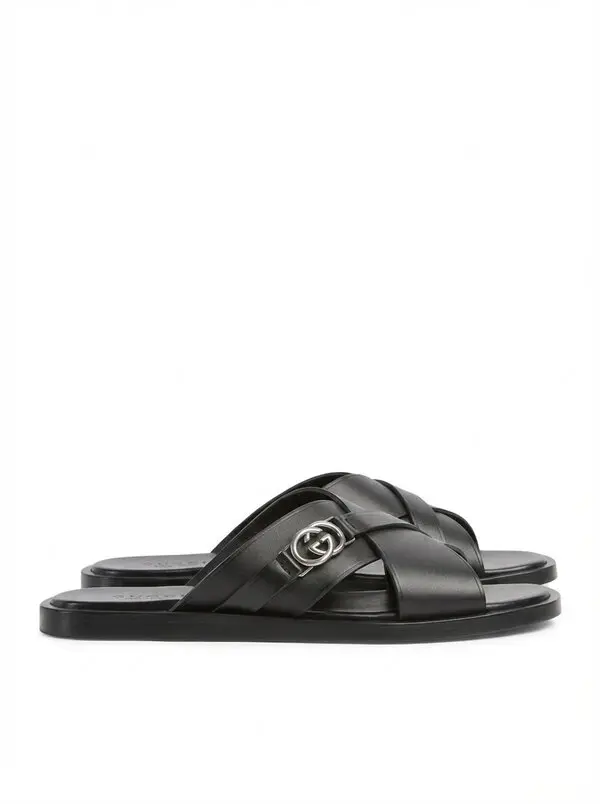 Gucci Crossover Detailed Flat Sandals - Black