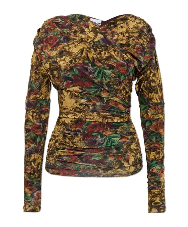 GANNI Long Sleeve Draped Top With Graphic Pattern