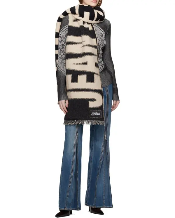 JEAN PAUL GAULTIER Logo-detail Knitted Scarf - Ecru/black