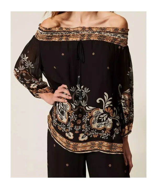 TWINSET Printed Off-shoulder Long Sleeve Blouse
