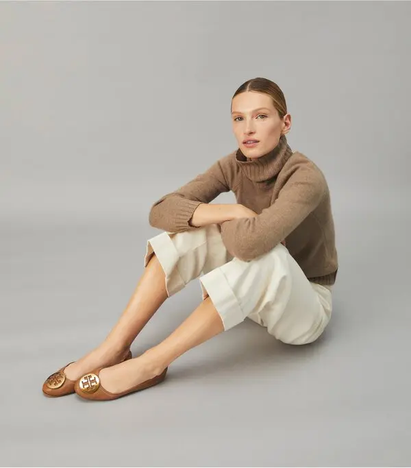 Tory Burch Minnie Travel Ballet Flats With Double T Logo Detail - Brown