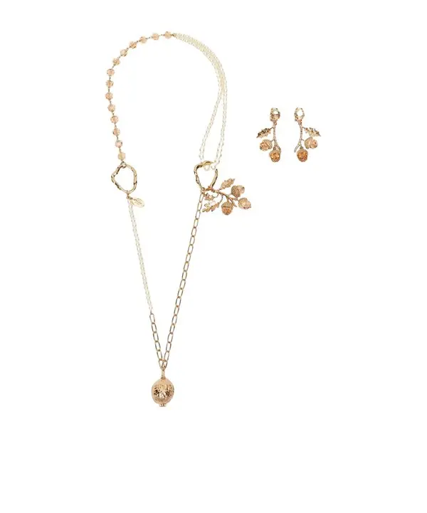 Max Mara Beaded Charm Metal Necklace And Drop Earrings Set - Golden