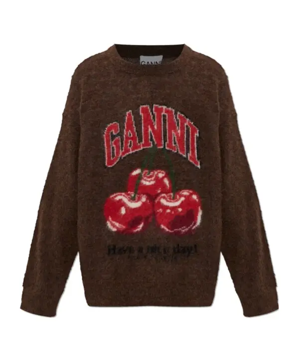 GANNI Cherry Patterned Oversized Knit Jumper - Brown