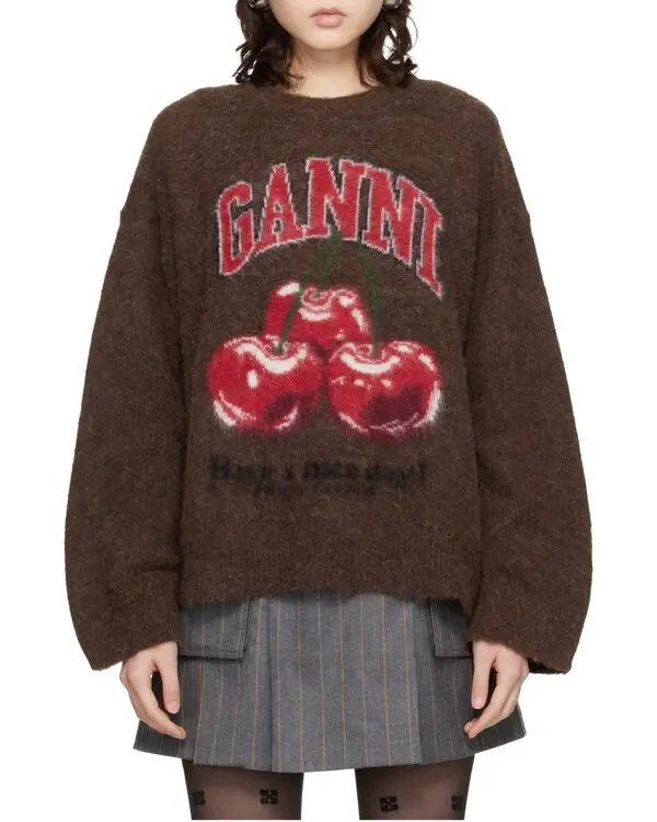 GANNI Cherry Patterned Oversized Knit Jumper - Brown