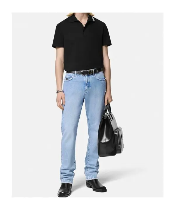 Versace Logo Patch Short-sleeved Polo Shirt - Black