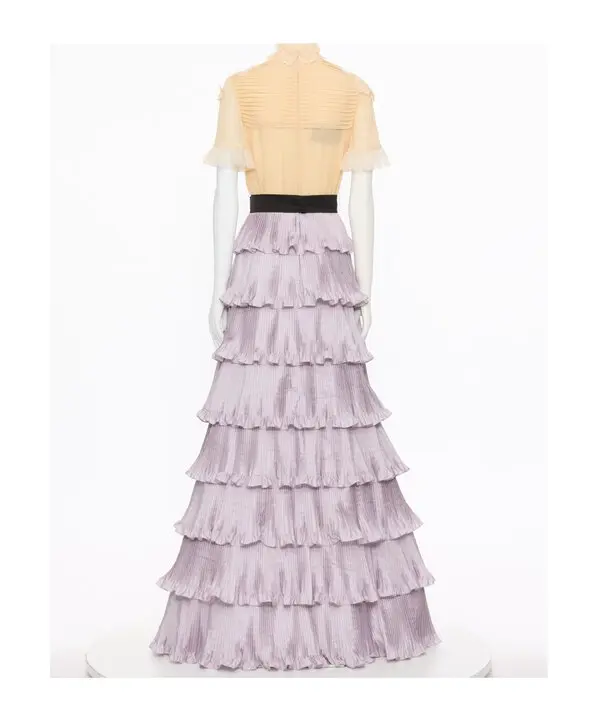 Valentino Garavani High Collar Short Sleeve Dress With Ruffled Trims