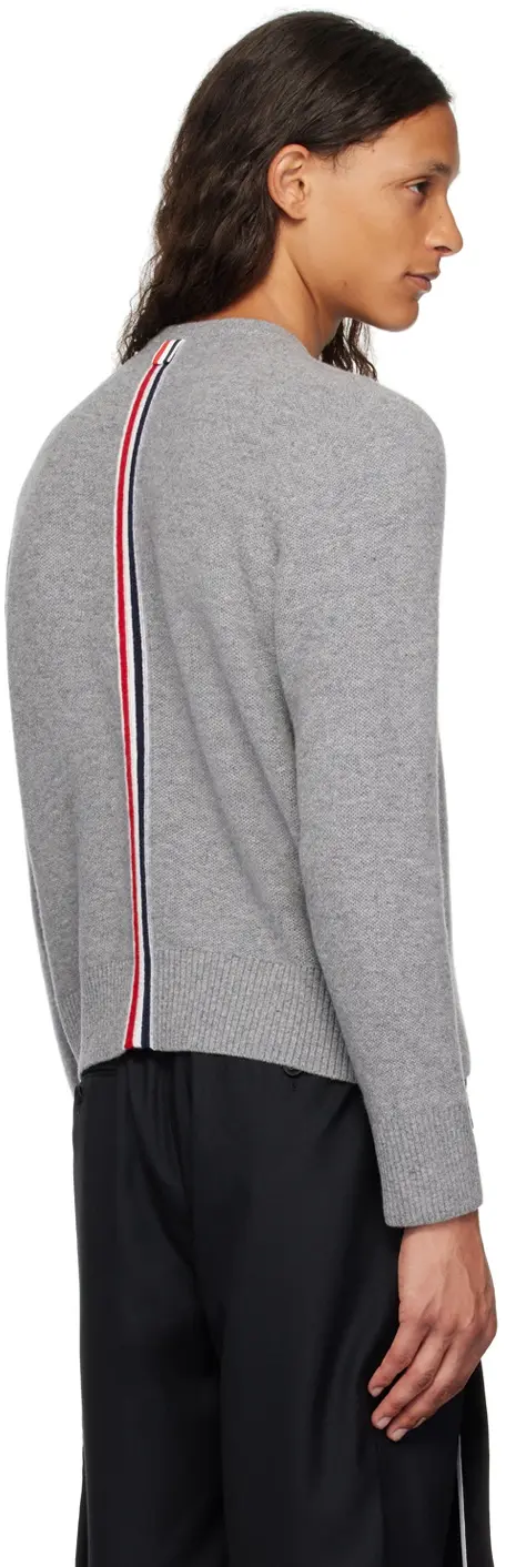 Thom Browne V-neck Knitted Cardigan With Rwb Stripes - Light Gray