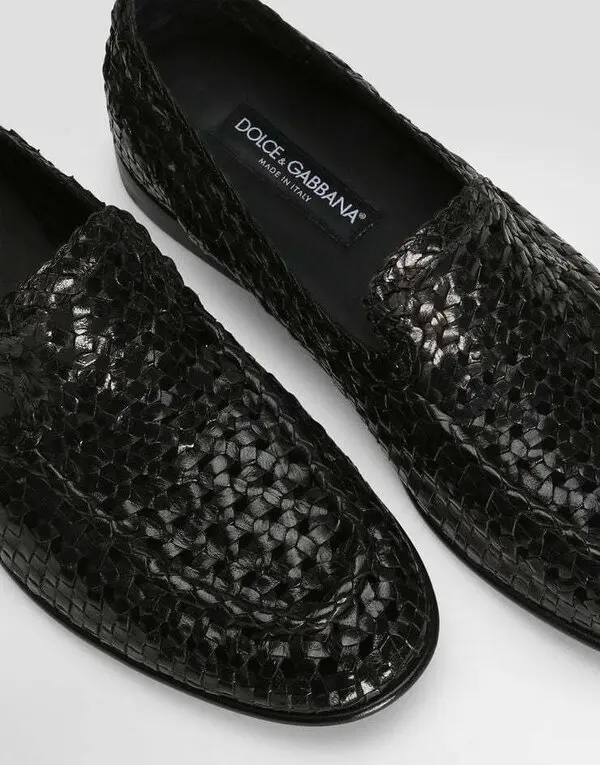 Dolce & Gabbana Round Toe Woven Slip-on Loafers - Black