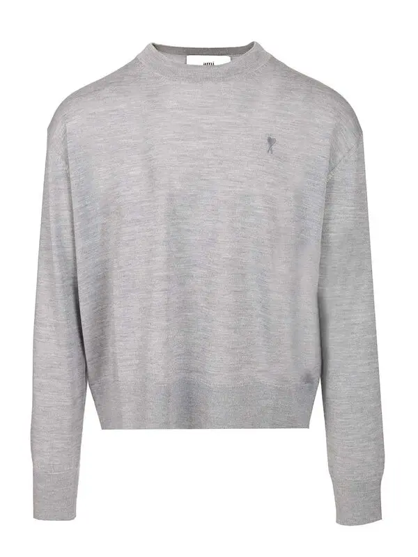 AMI Paris Embroidered Logo Crew Neck Sweater - Gray