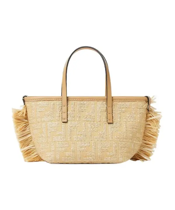 Fendi Mini Roll Ff Jacquard Fringed Tote Bag - Light Brown