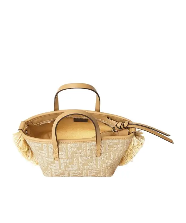 Fendi Mini Roll Ff Jacquard Fringed Tote Bag - Light Brown